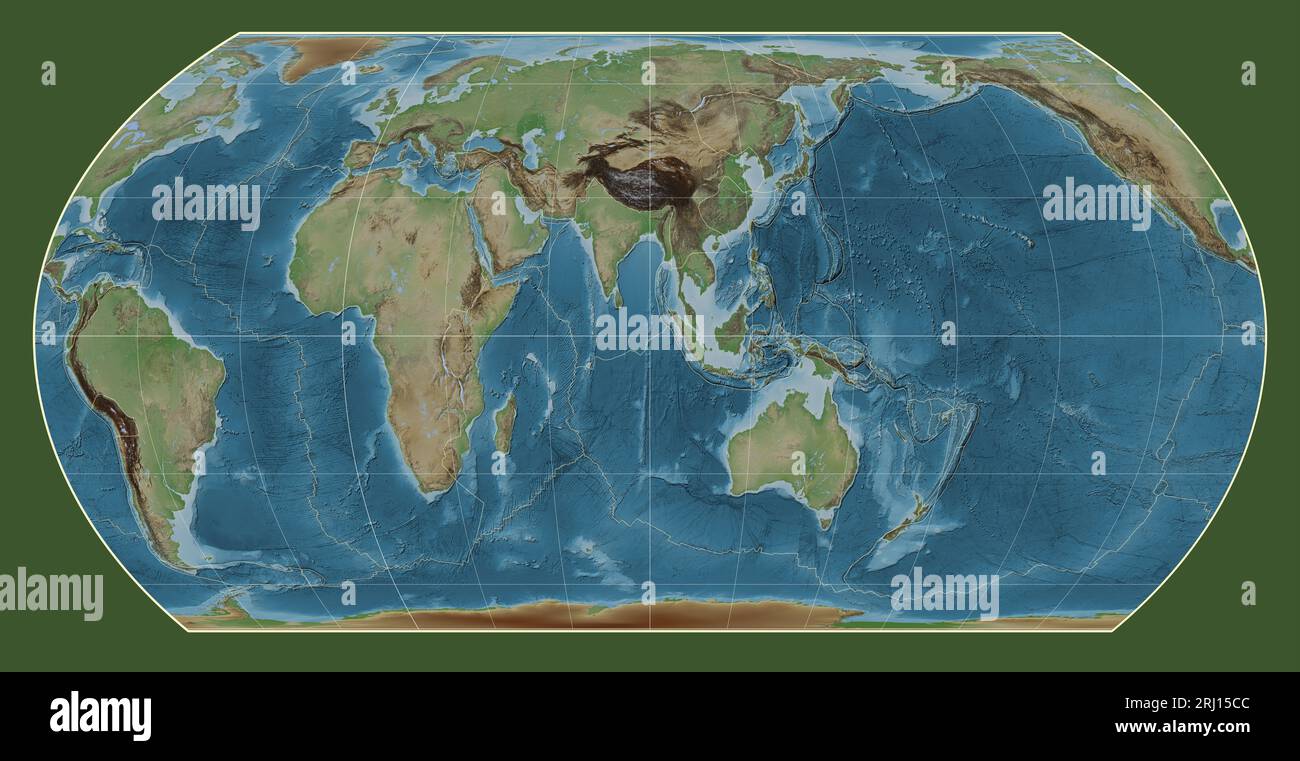 Tectonic plate boundaries on a colored elevation map of the world in ...