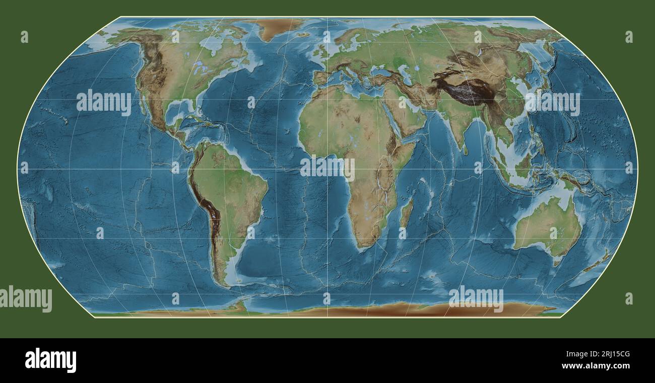 Tectonic plate boundaries on a colored elevation map of the world in ...