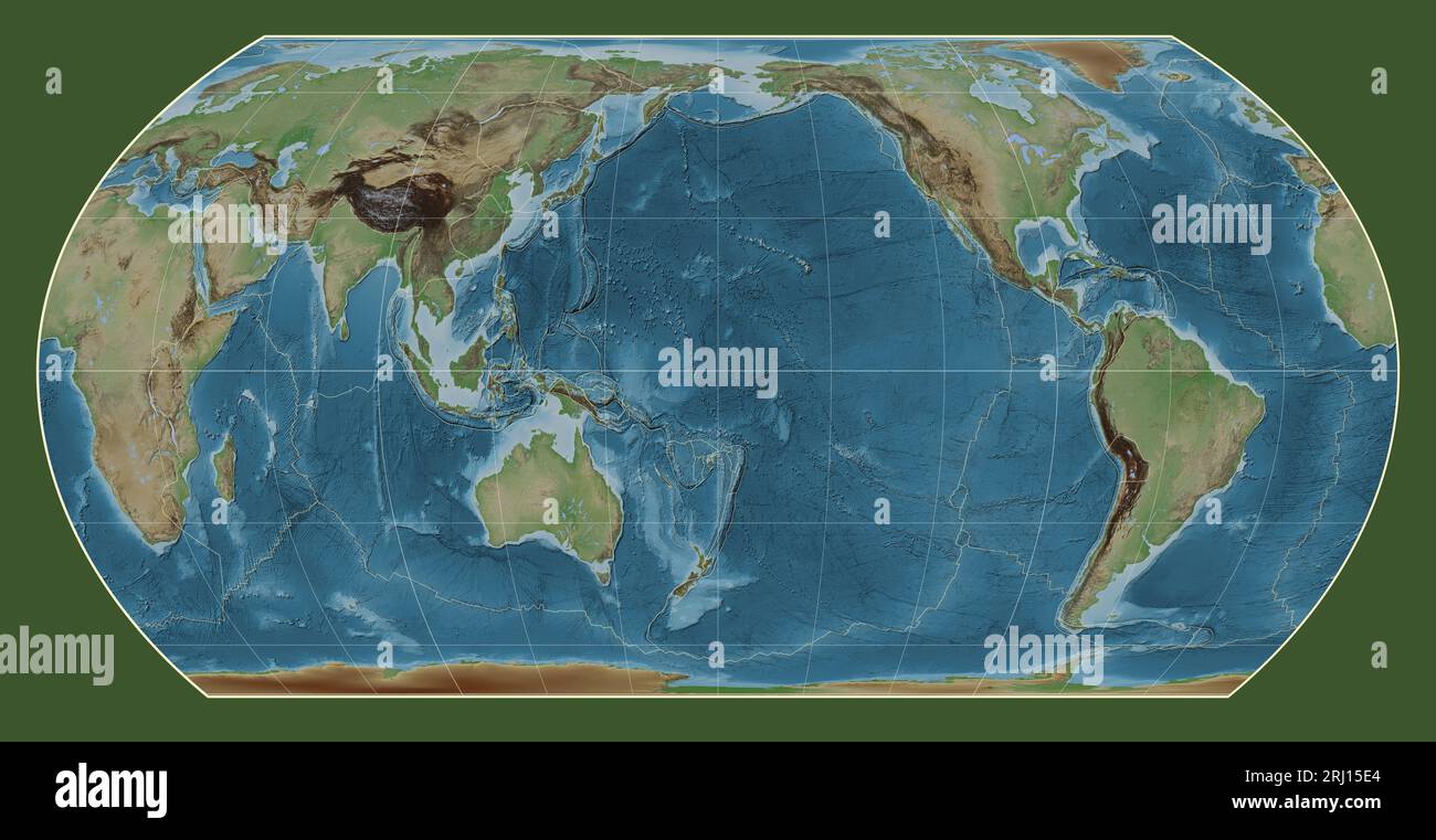 Tectonic plate boundaries on a colored elevation map of the world in ...