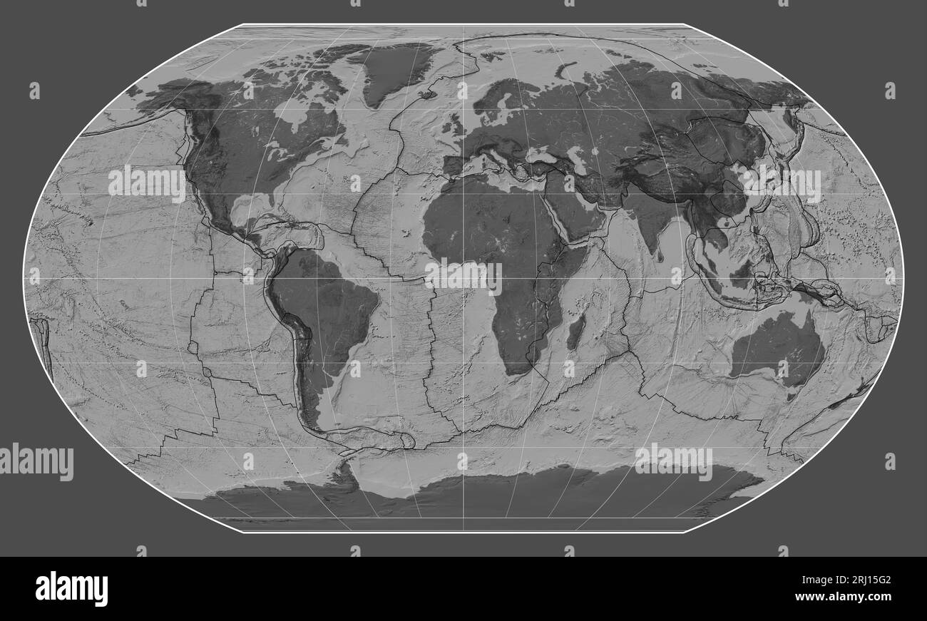 Tectonic plate boundaries on a bilevel map of the world in the ...