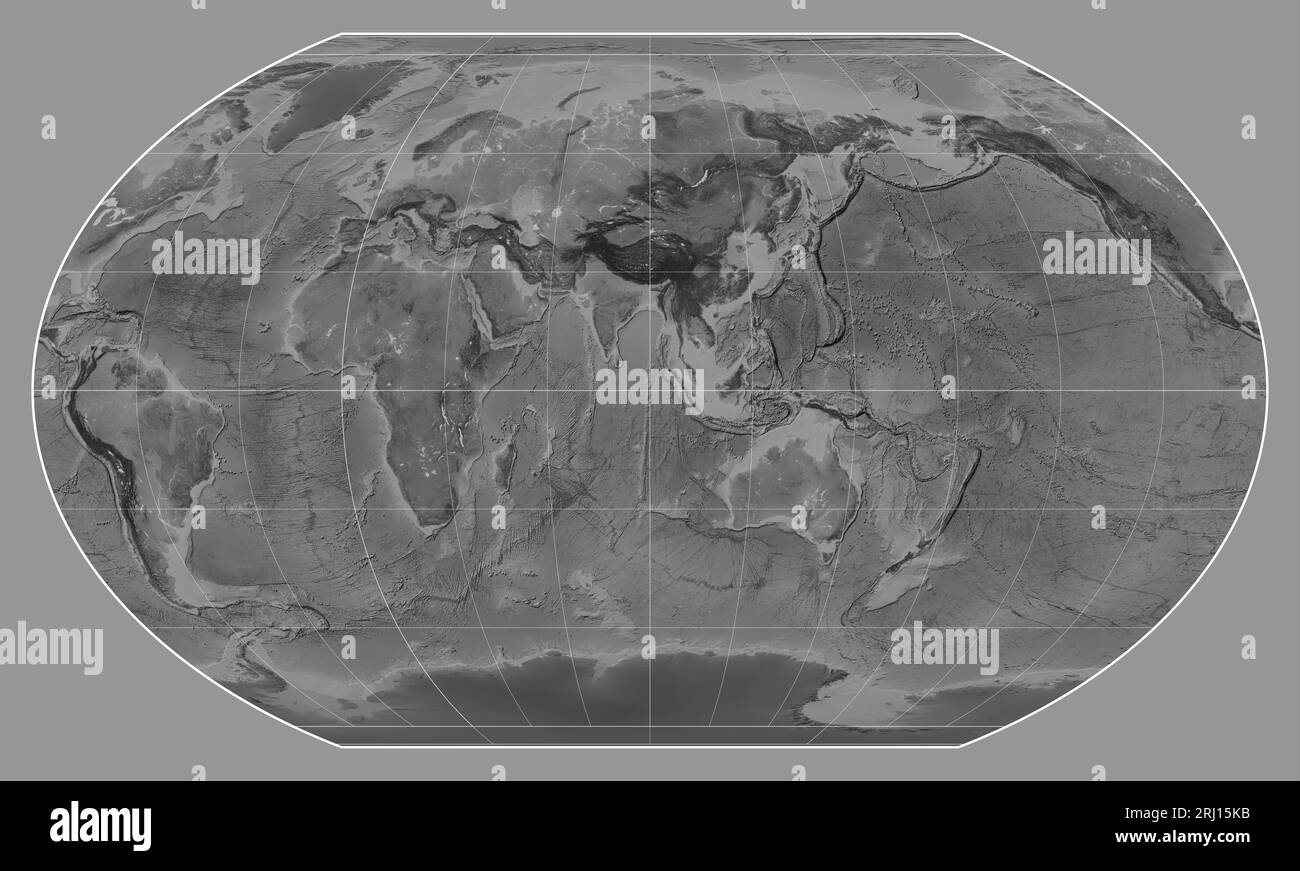 Grayscale map of the world in the Kavrayskiy VII projection centered on ...