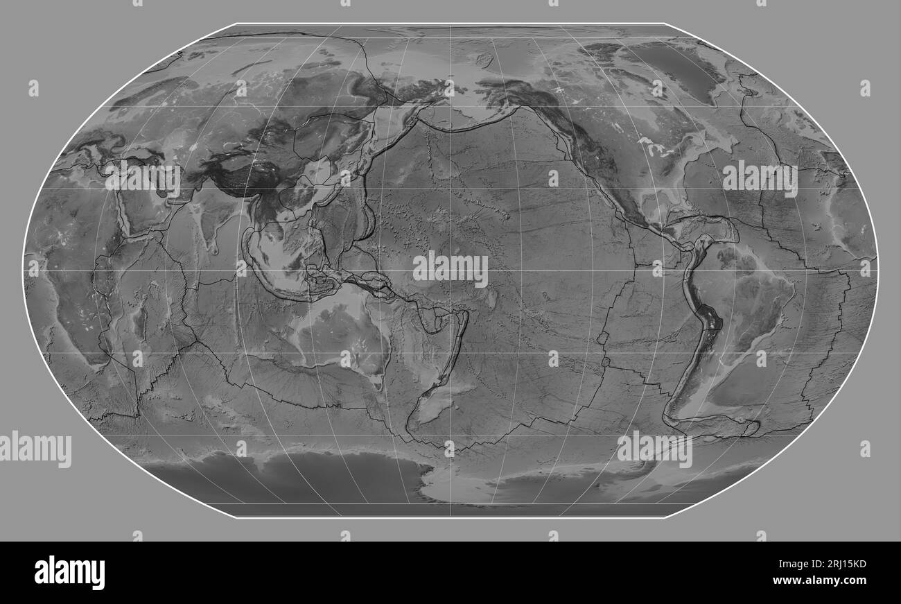 Tectonic plate boundaries on a grayscale map of the world in the ...