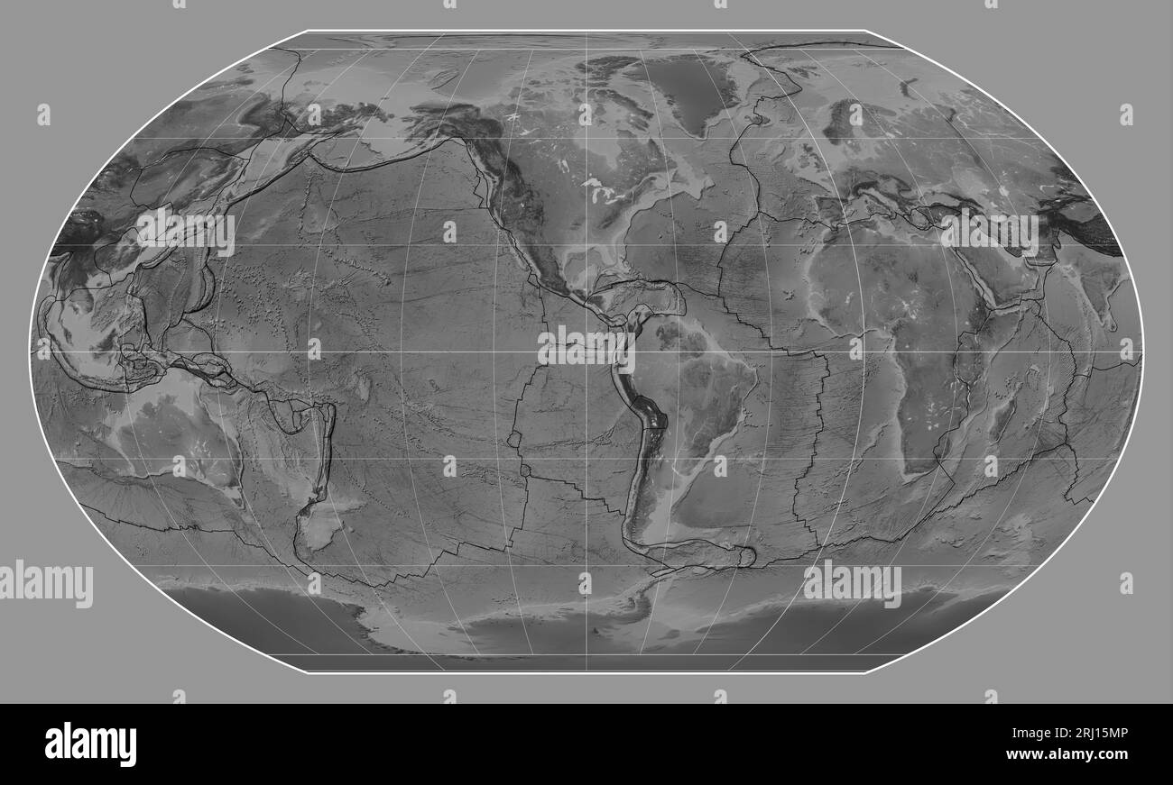 Tectonic plate boundaries on a grayscale map of the world in the ...