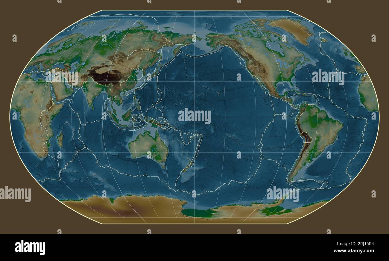 Tectonic plate boundaries on a physical map of the world in the ...