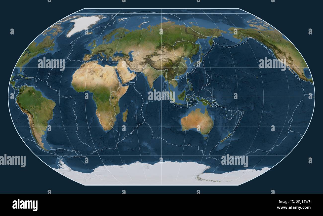 Tectonic plate boundaries on a satellite map of the world in the ...