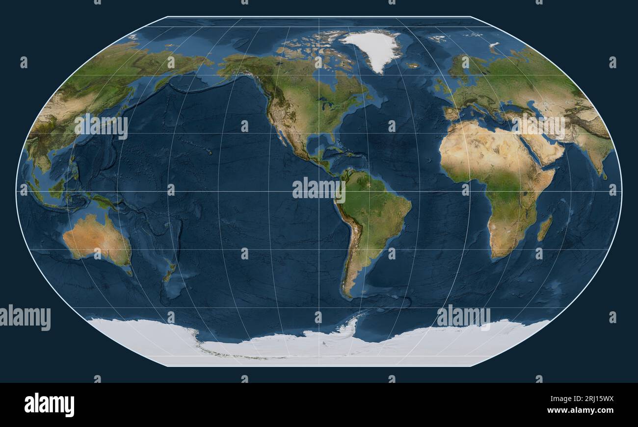 Satellite map of the world in the Kavrayskiy VII projection centered on ...