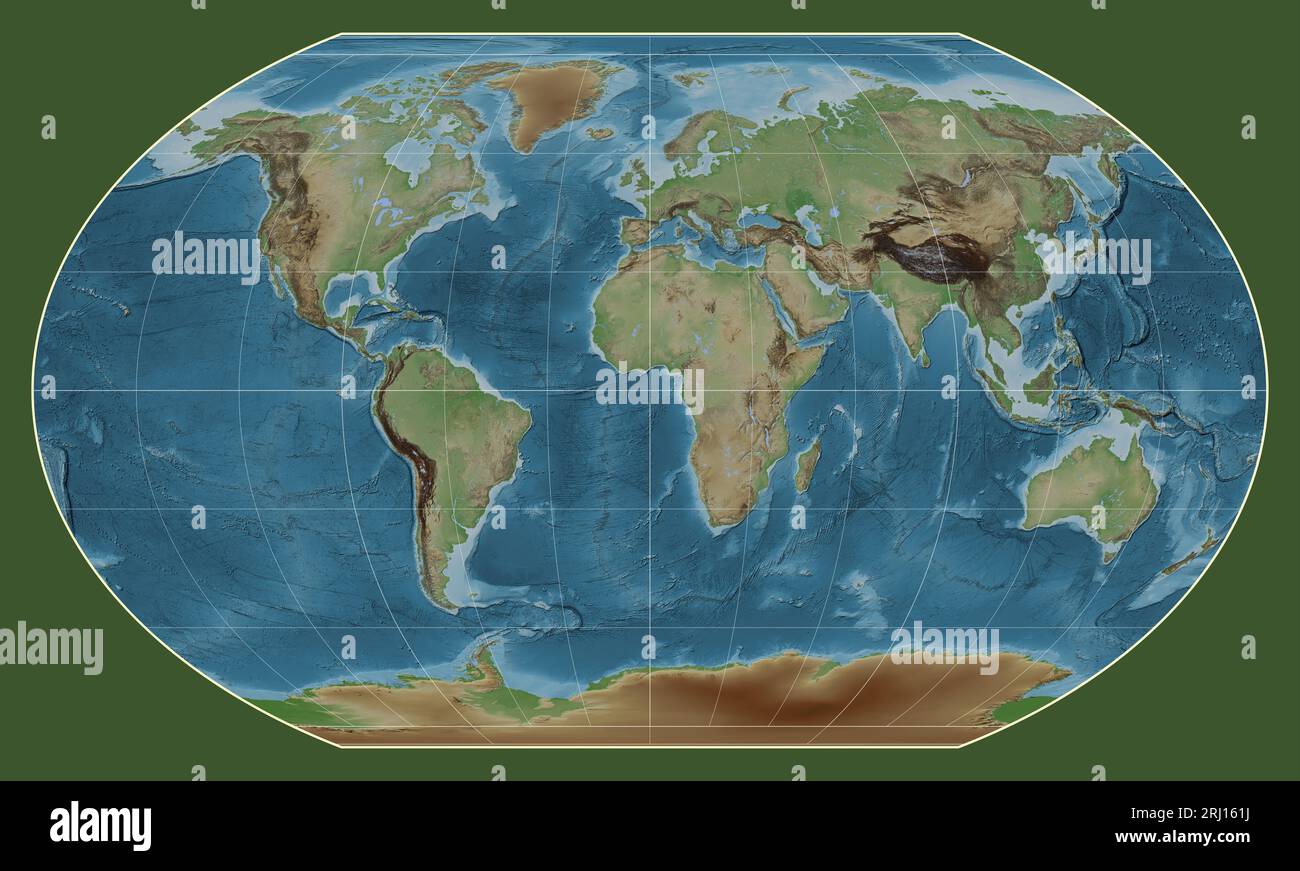 Colored elevation map of the world in the Kavrayskiy VII projection ...