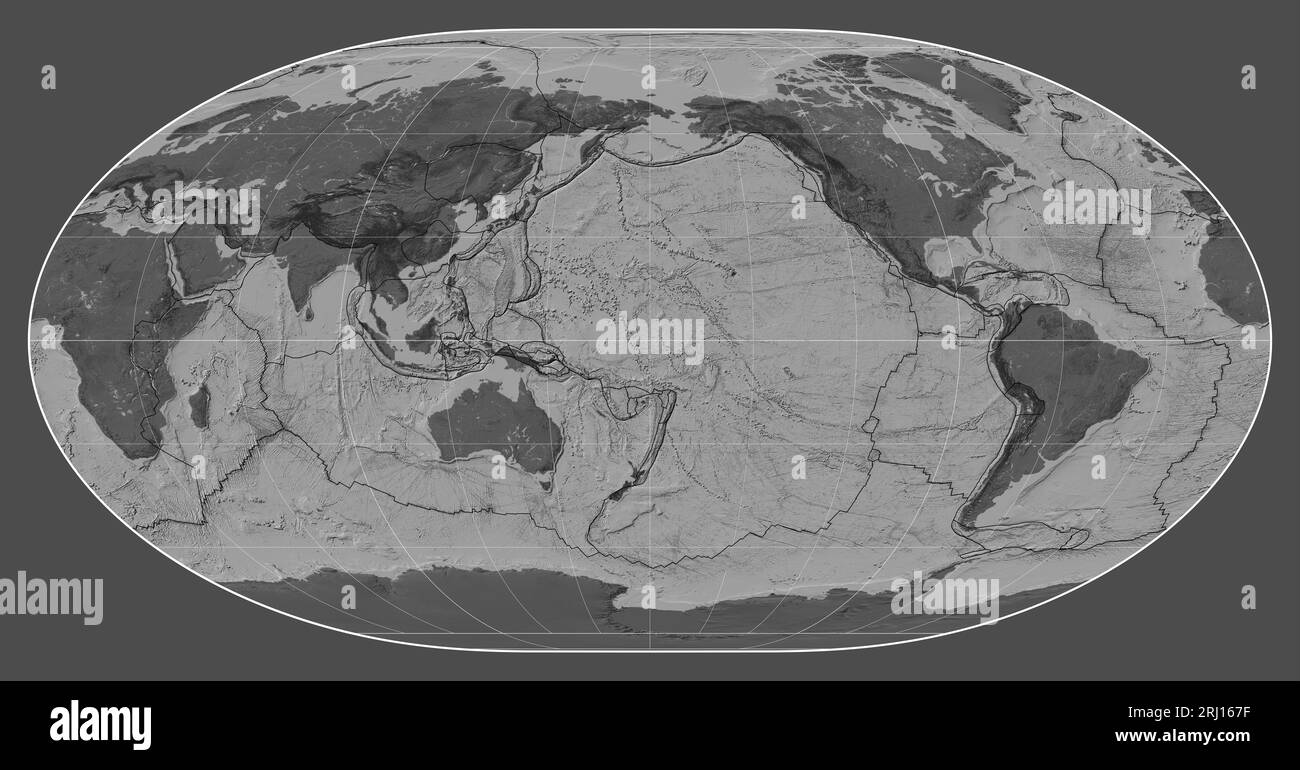 Tectonic plate boundaries on a bilevel map of the world in the ...