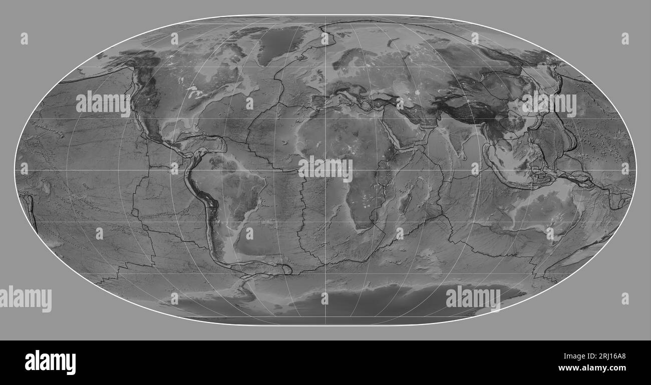 Tectonic plate boundaries on a grayscale map of the world in the ...