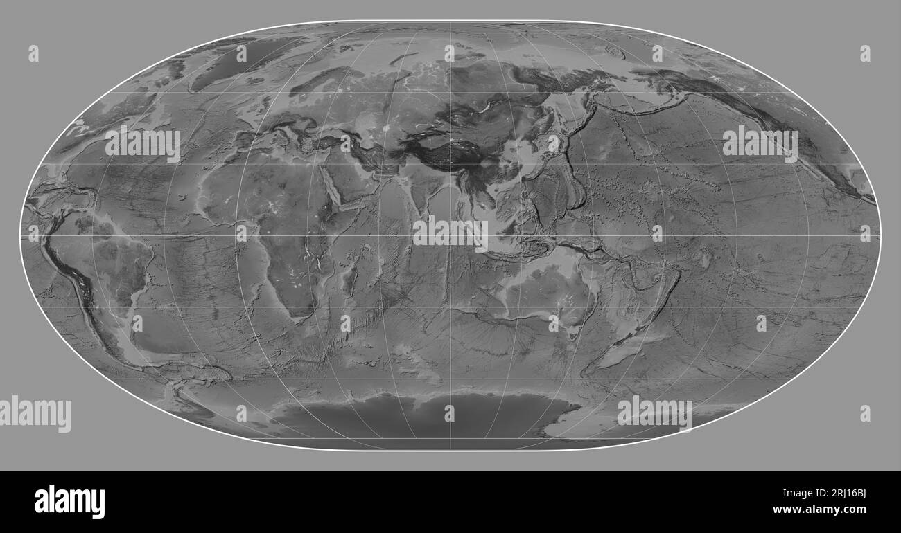 Grayscale map of the world in the Loximuthal projection centered on the ...