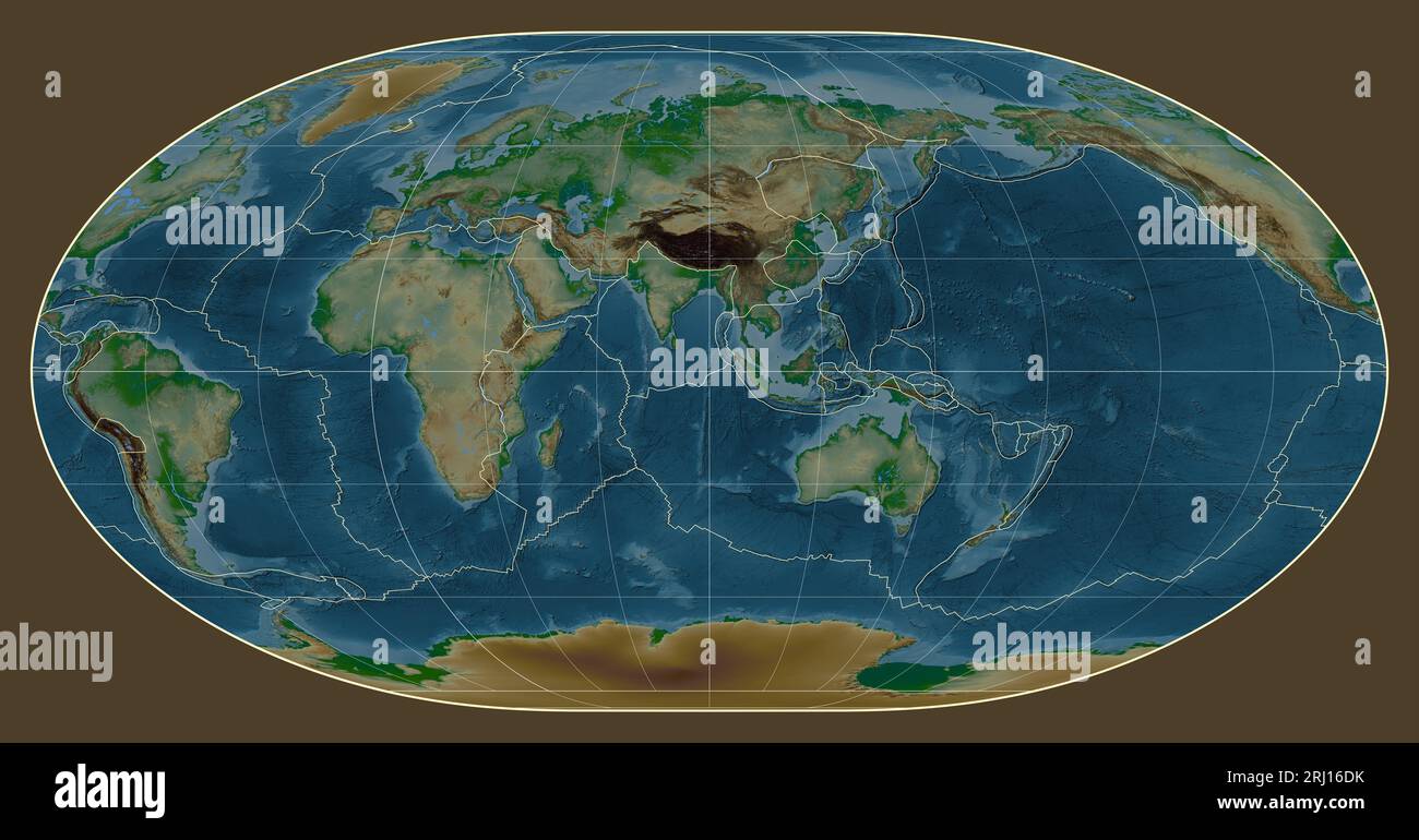 Tectonic plate boundaries on a physical map of the world in the ...