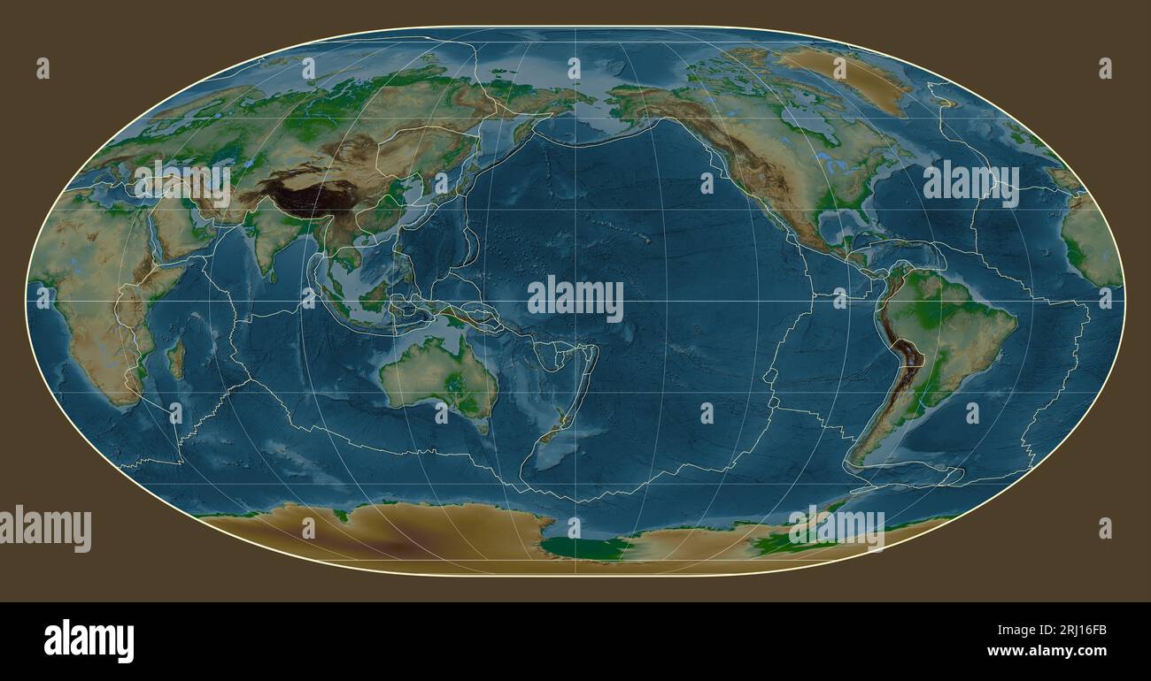 Tectonic plate boundaries on a physical map of the world in the ...