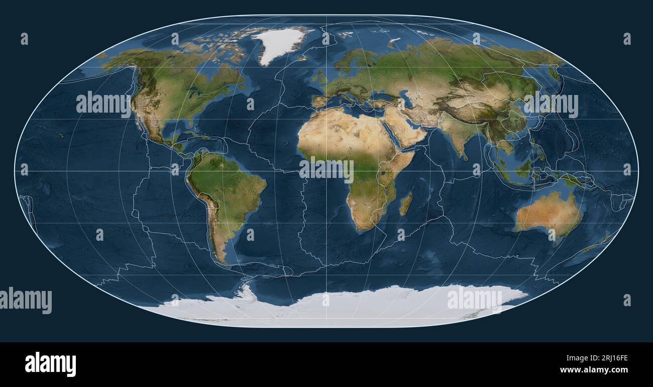 Tectonic plate boundaries on a satellite map of the world in the ...