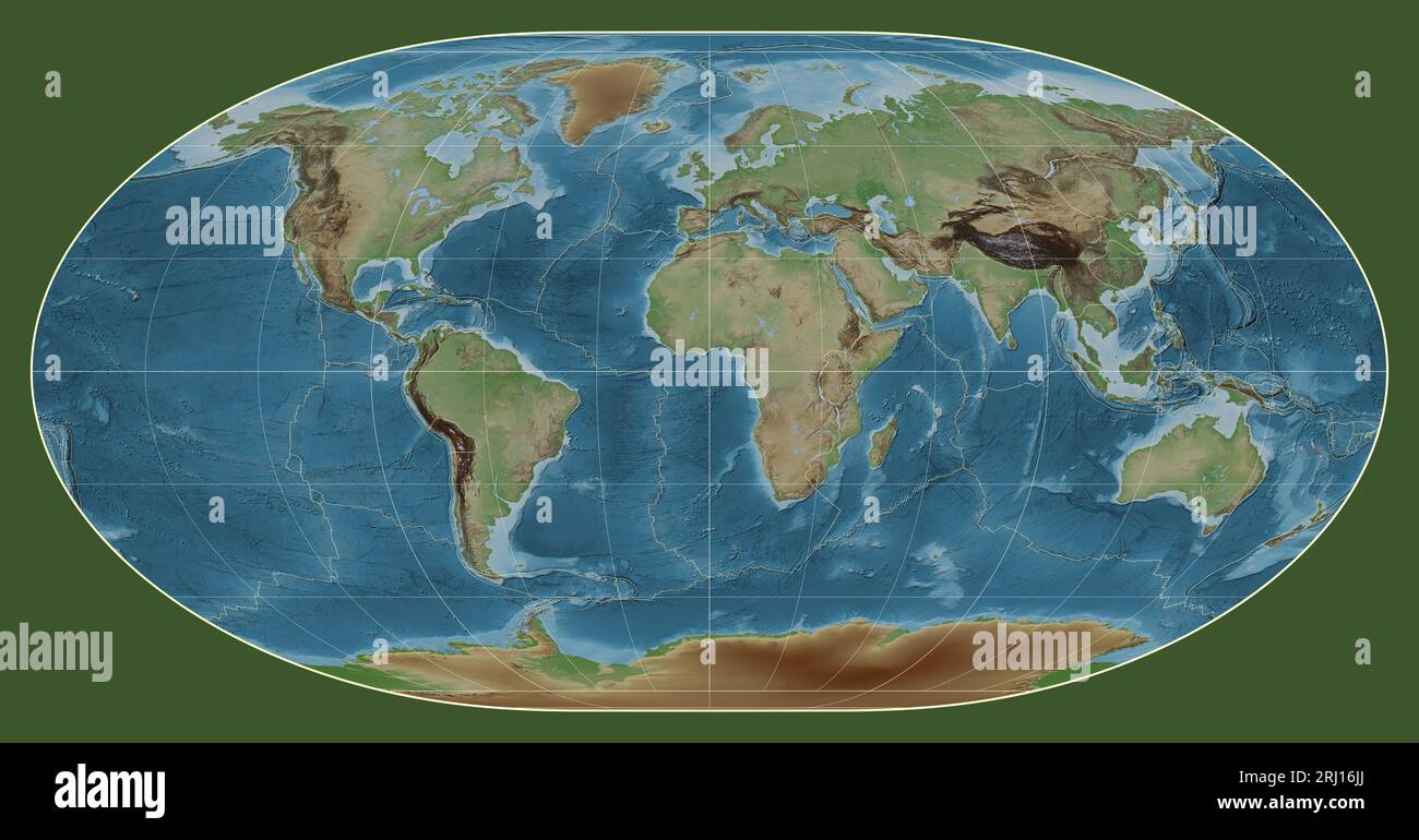 Tectonic plate boundaries on a colored elevation map of the world in ...