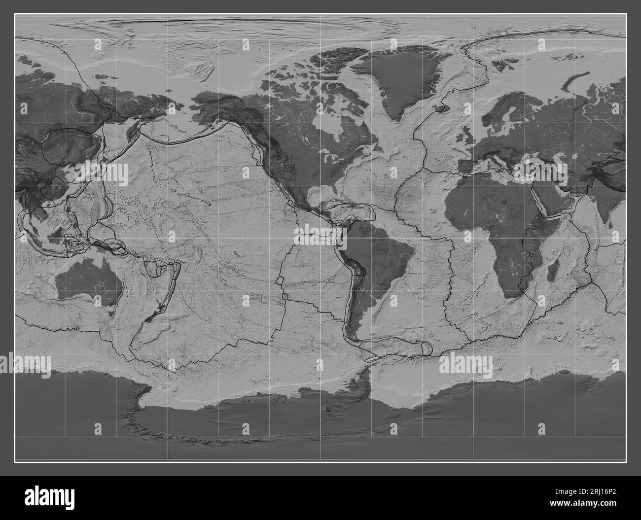 Tectonic plate boundaries on a bilevel map of the world in the Miller ...