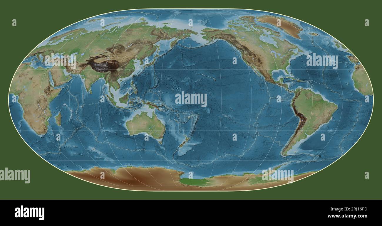 Tectonic plate boundaries on a colored elevation map of the world in ...