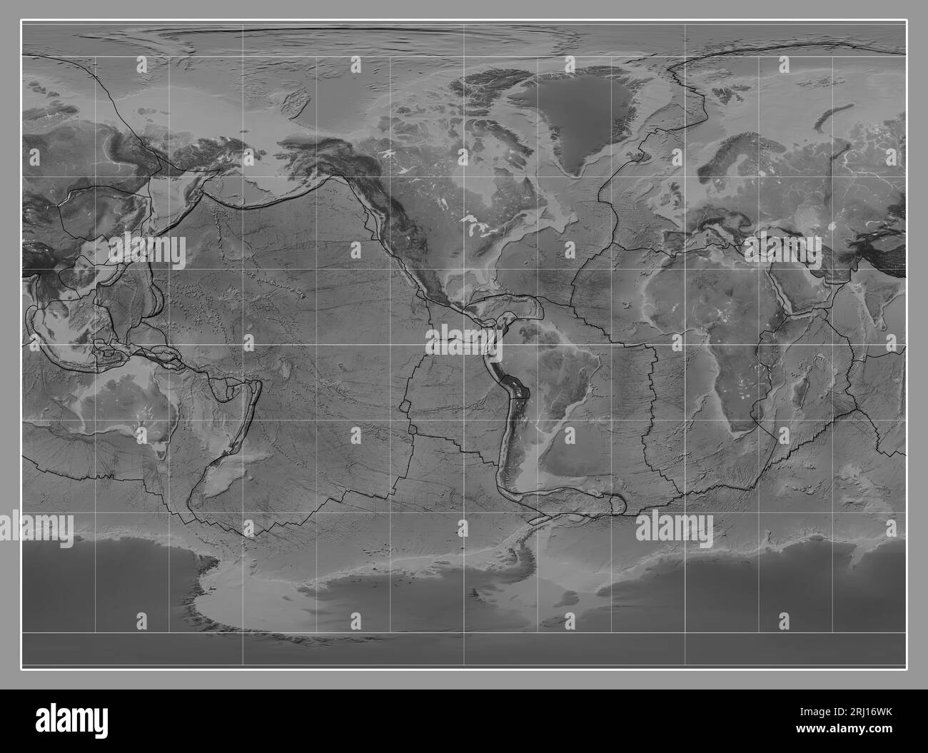 Tectonic plate boundaries on a grayscale map of the world in the Miller ...