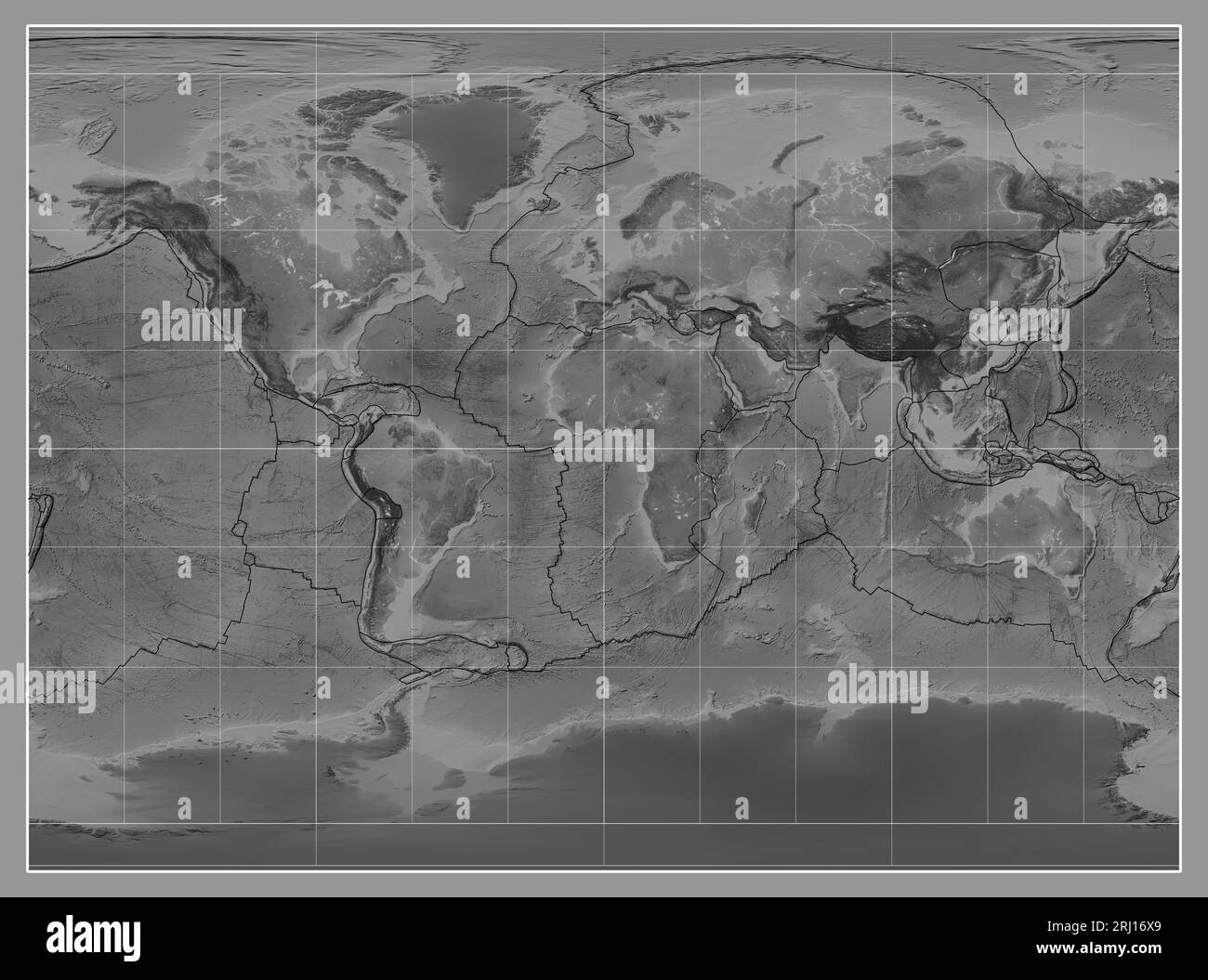 Tectonic plate boundaries on a grayscale map of the world in the Miller ...