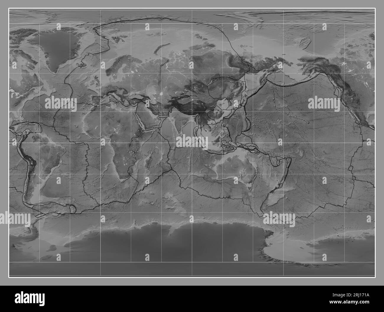 Tectonic plate boundaries on a grayscale map of the world in the Miller ...