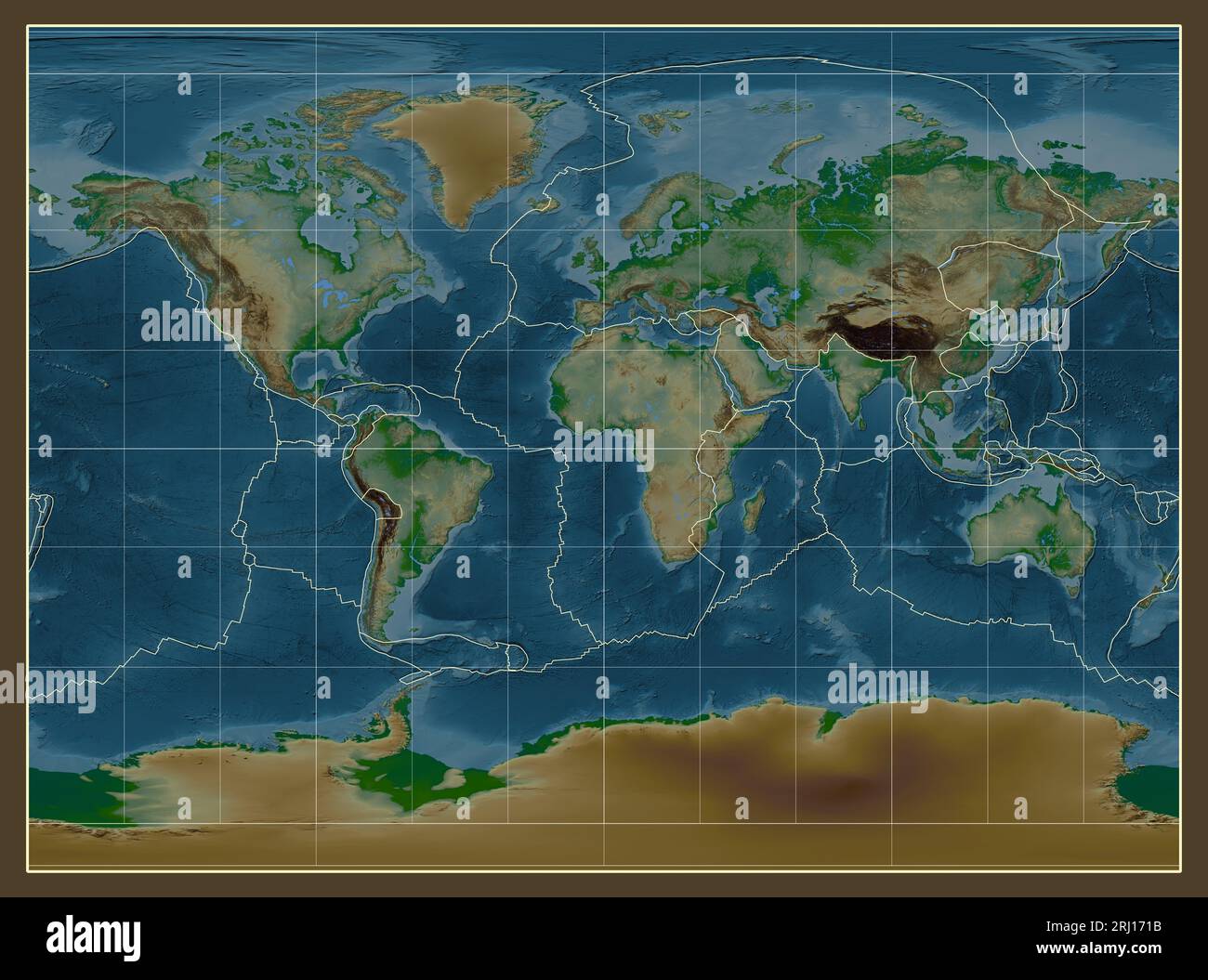 Tectonic plate boundaries on a physical map of the world in the Miller ...