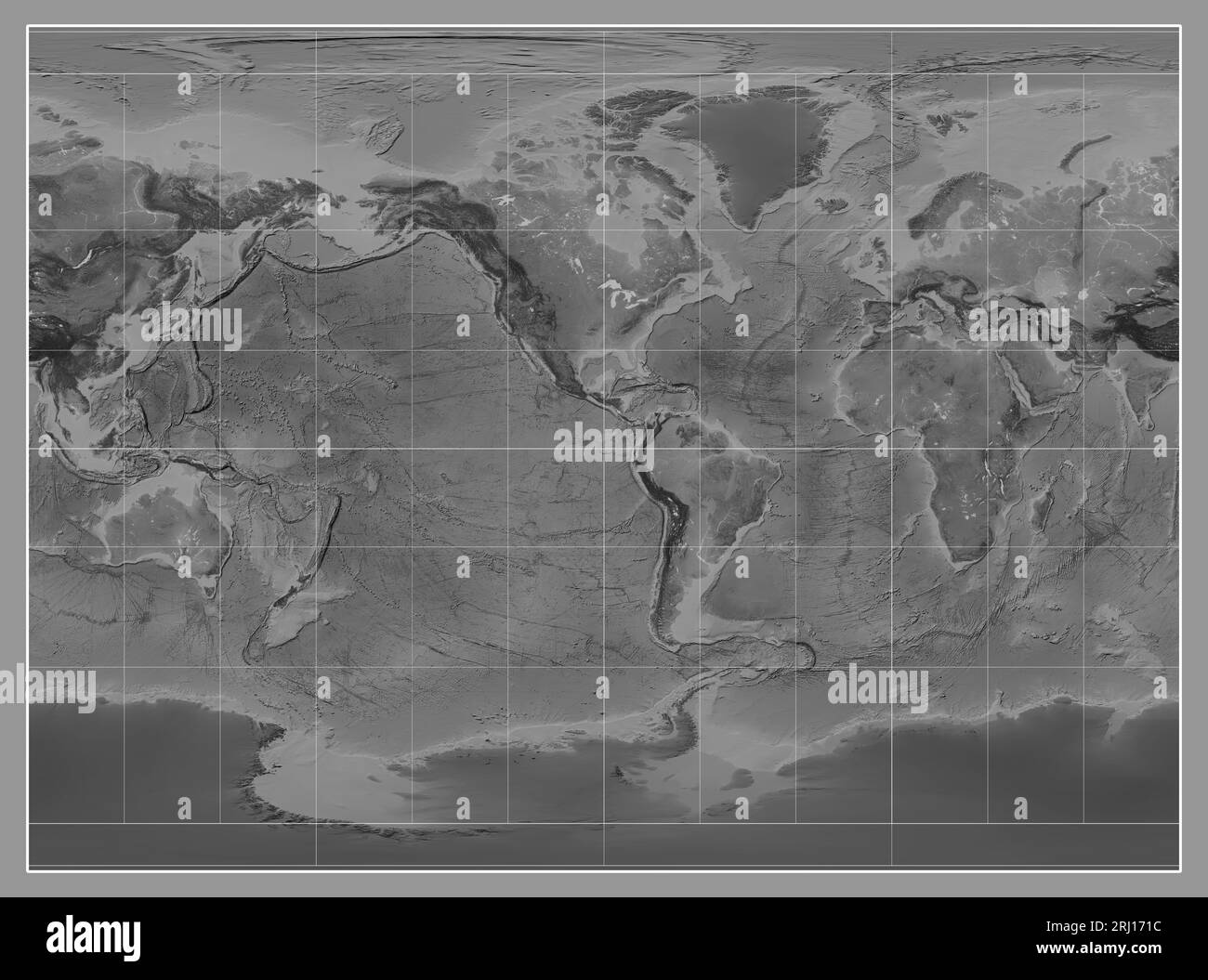 Grayscale map of the world in the Miller Cylindrical projection ...