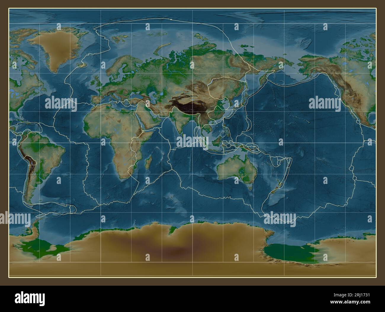 Tectonic plate boundaries on a physical map of the world in the Miller ...