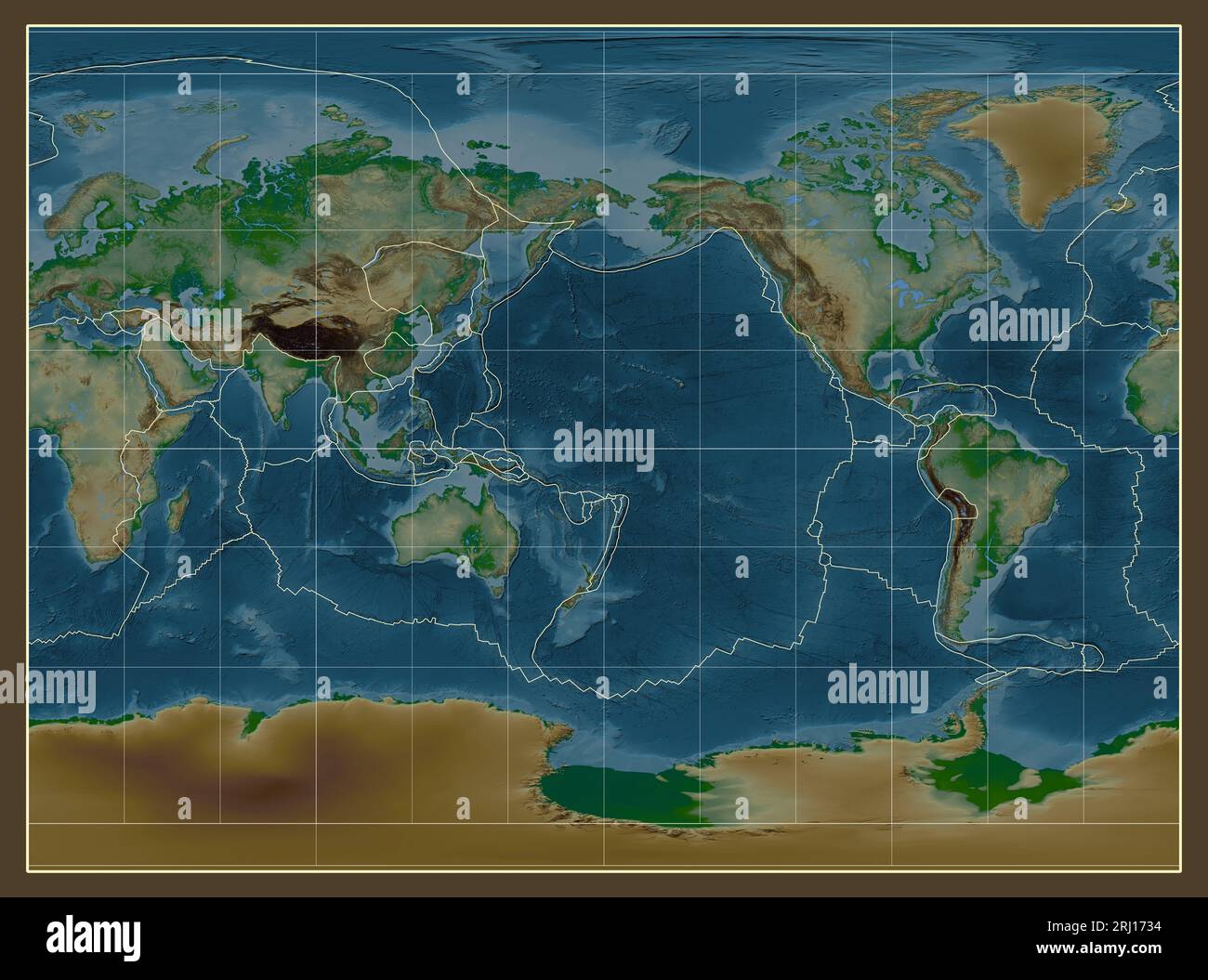 Tectonic plate boundaries on a physical map of the world in the Miller ...