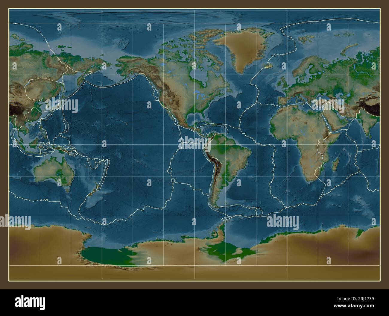 Tectonic plate boundaries on a physical map of the world in the Miller ...