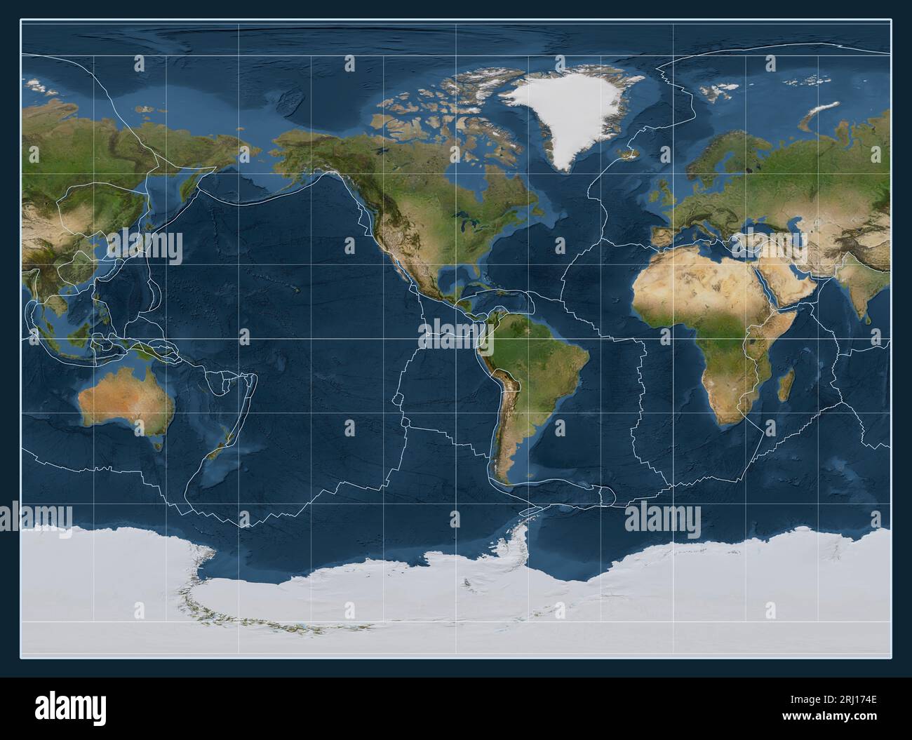 Tectonic plate boundaries on a satellite map of the world in the Miller ...