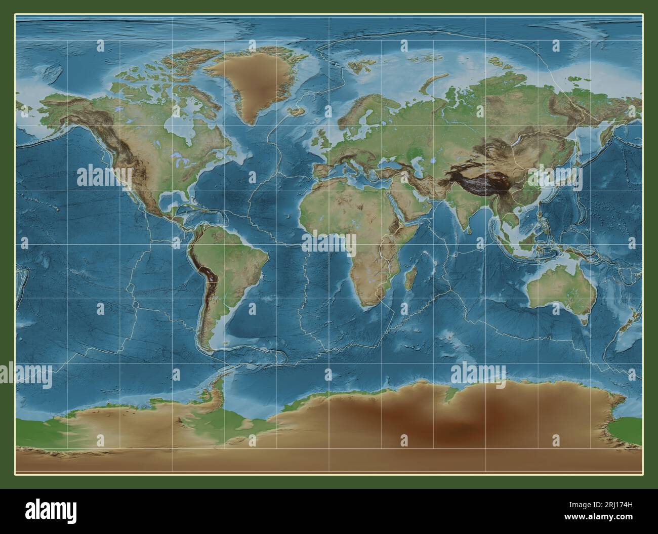 Tectonic plate boundaries on a colored elevation map of the world in ...