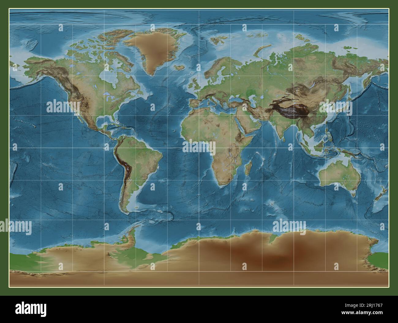 Colored elevation map of the world in the Miller Cylindrical projection ...