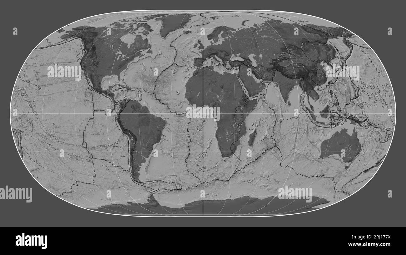 Tectonic plate boundaries on a bilevel map of the world in the Natural ...