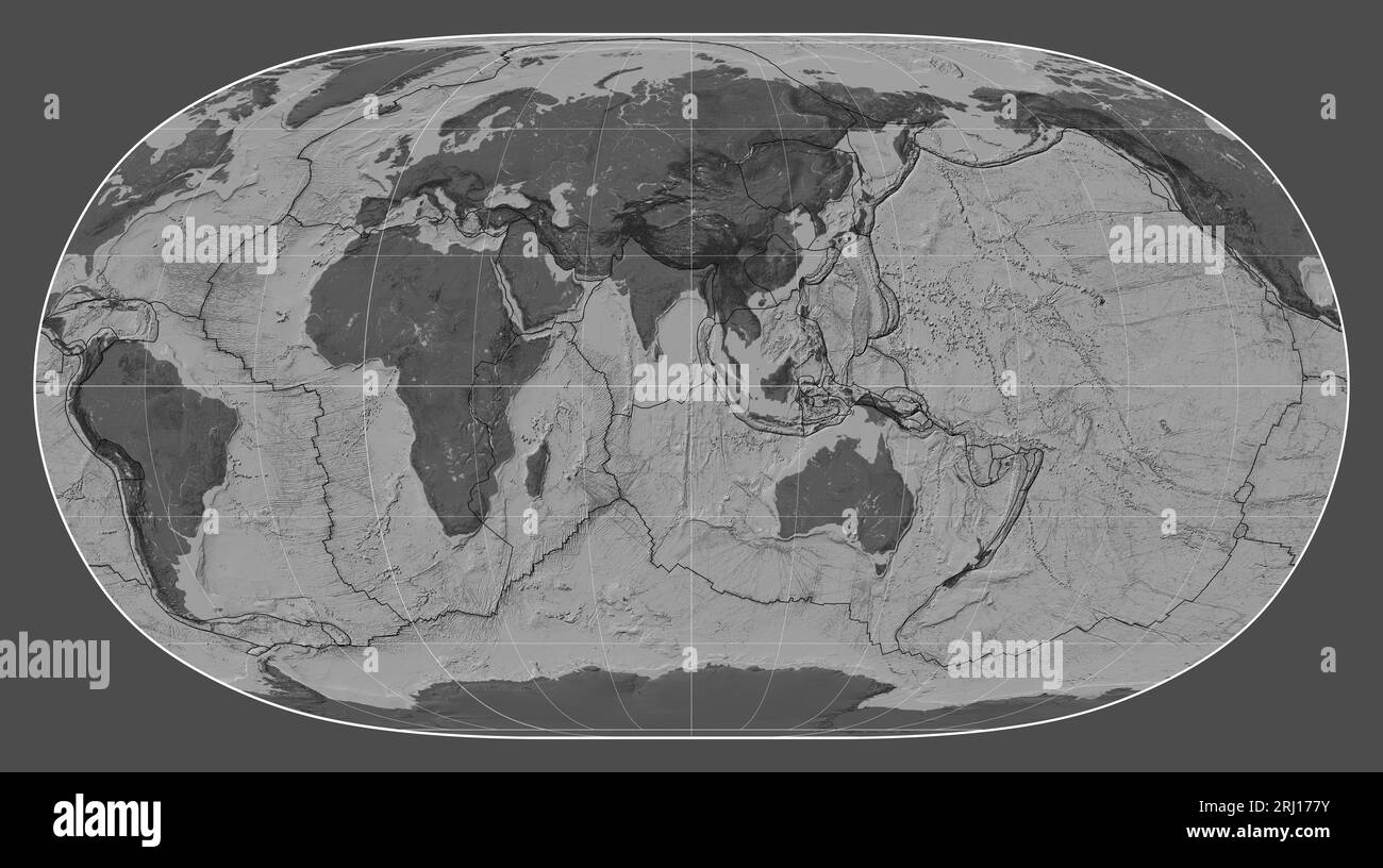 Tectonic plate boundaries on a bilevel map of the world in the Natural ...