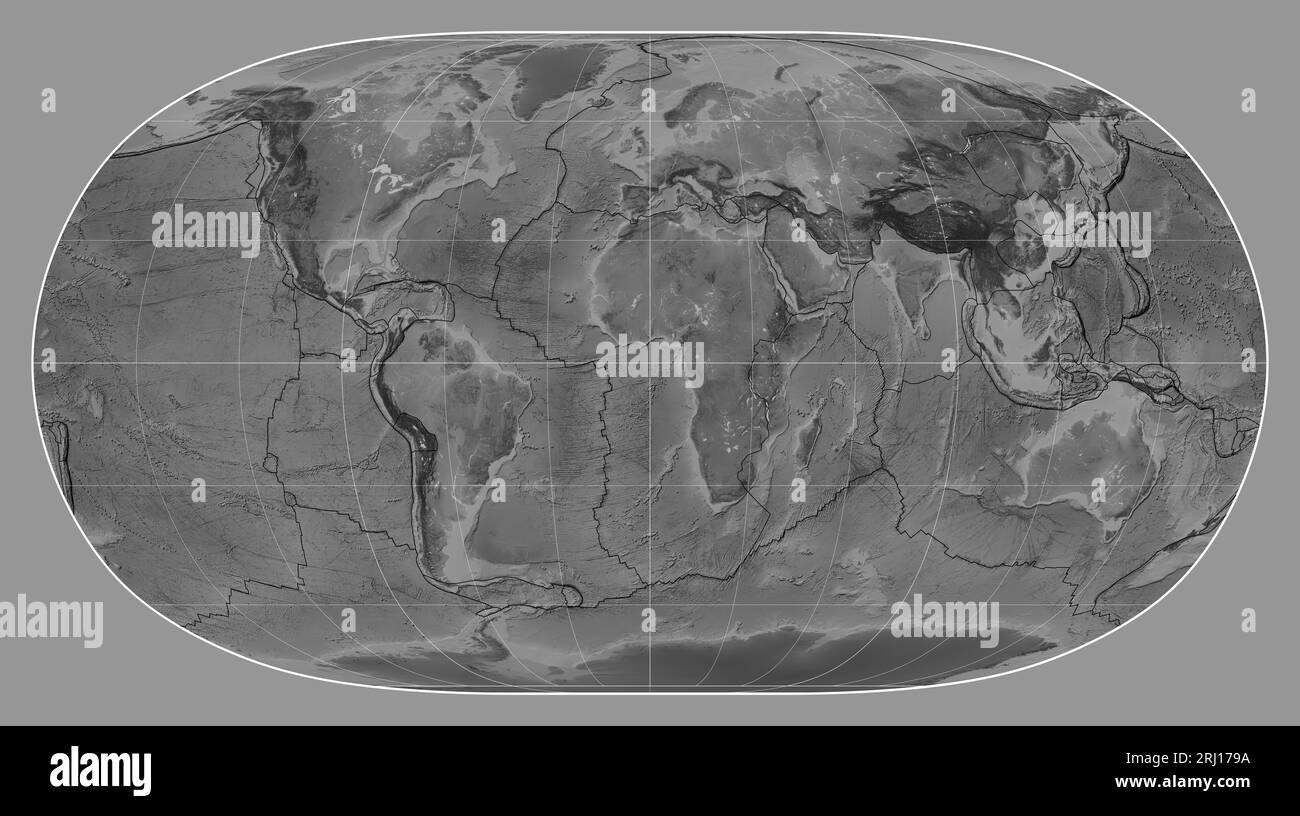 Tectonic plate boundaries on a grayscale map of the world in the ...