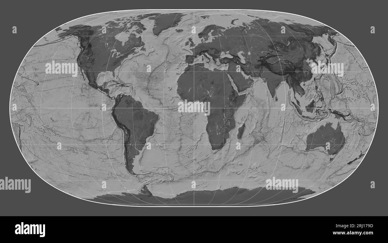 Bilevel map of the world in the Natural Earth II projection centered on ...