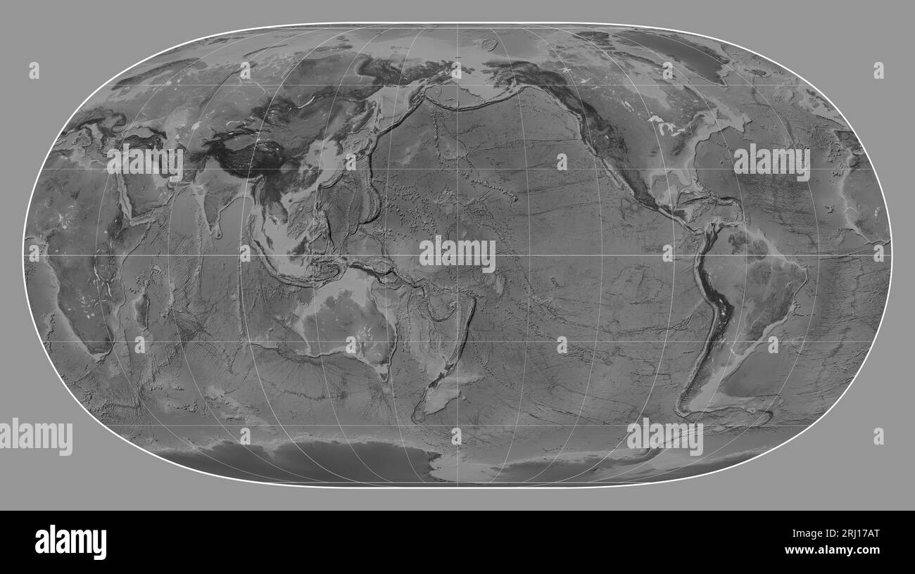 Grayscale map of the world in the Natural Earth II projection centered ...