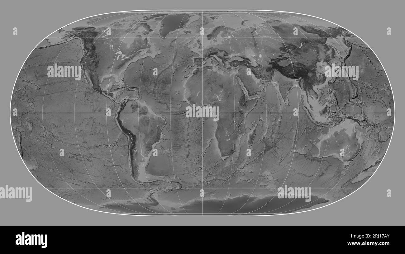 Grayscale map of the world in the Natural Earth II projection centered ...