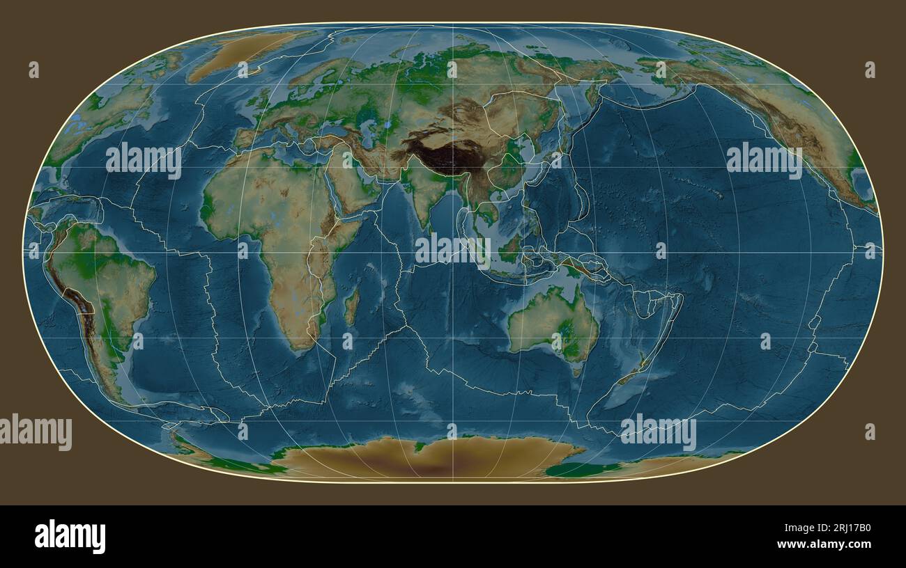 Tectonic plate boundaries on a physical map of the world in the Natural ...