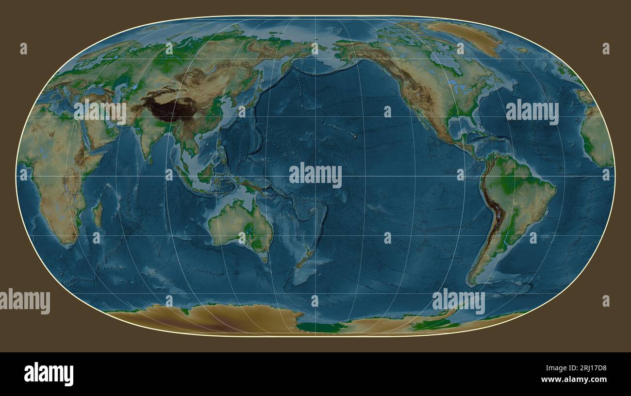 Physical map of the world in the Natural Earth II projection centered ...