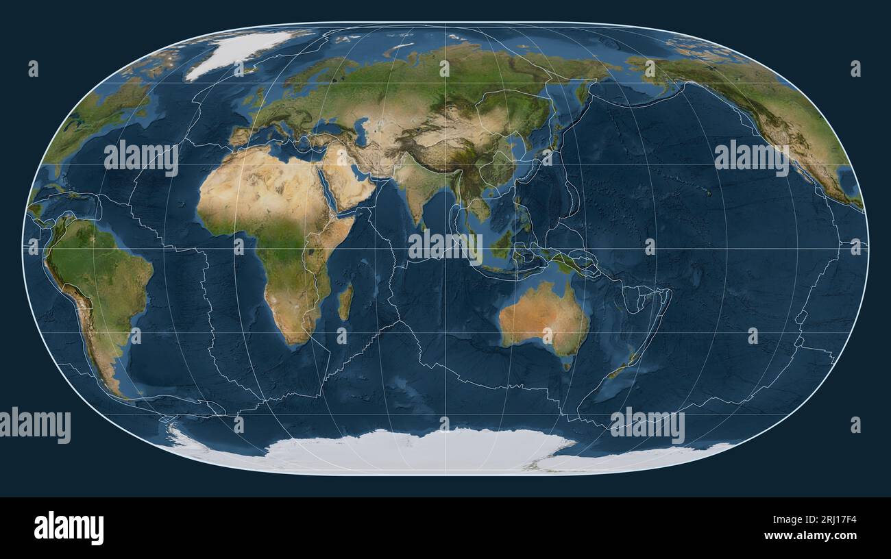 Tectonic plate boundaries on a satellite map of the world in the ...