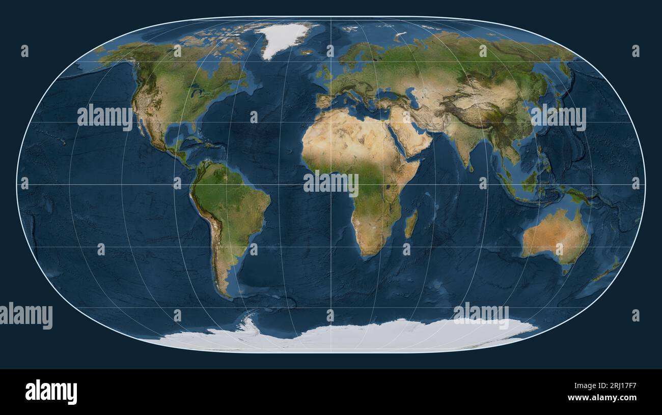 Satellite map of the world in the Natural Earth II projection centered ...