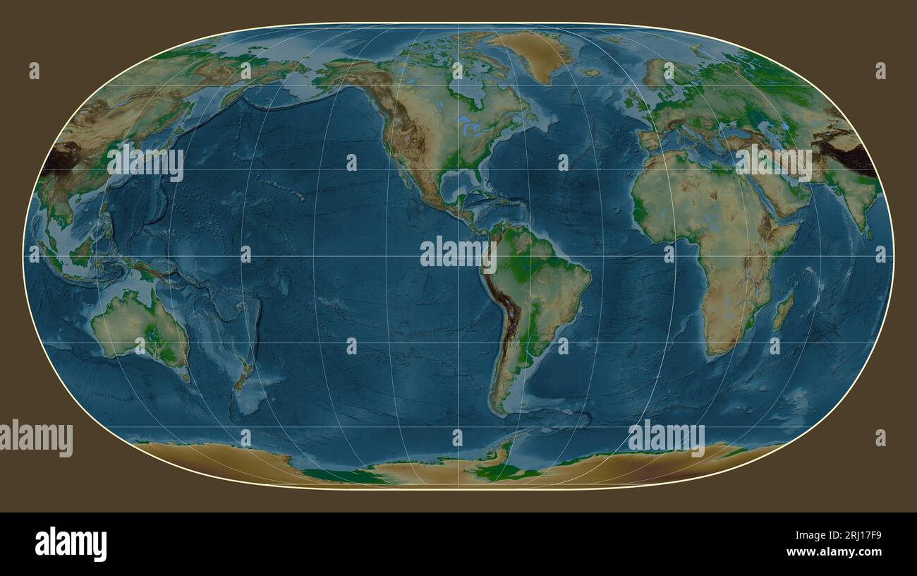 Physical map of the world in the Natural Earth II projection centered ...