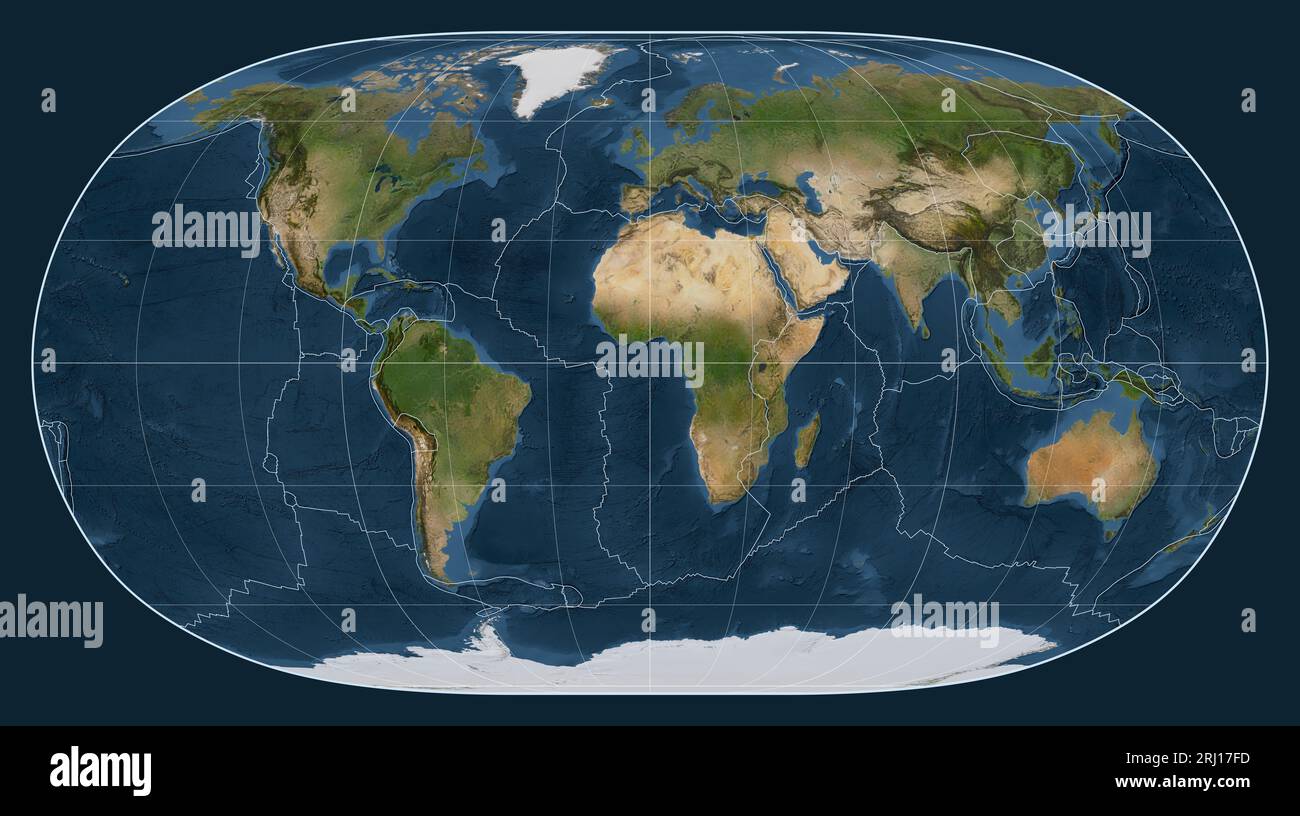 Tectonic plate boundaries on a satellite map of the world in the ...