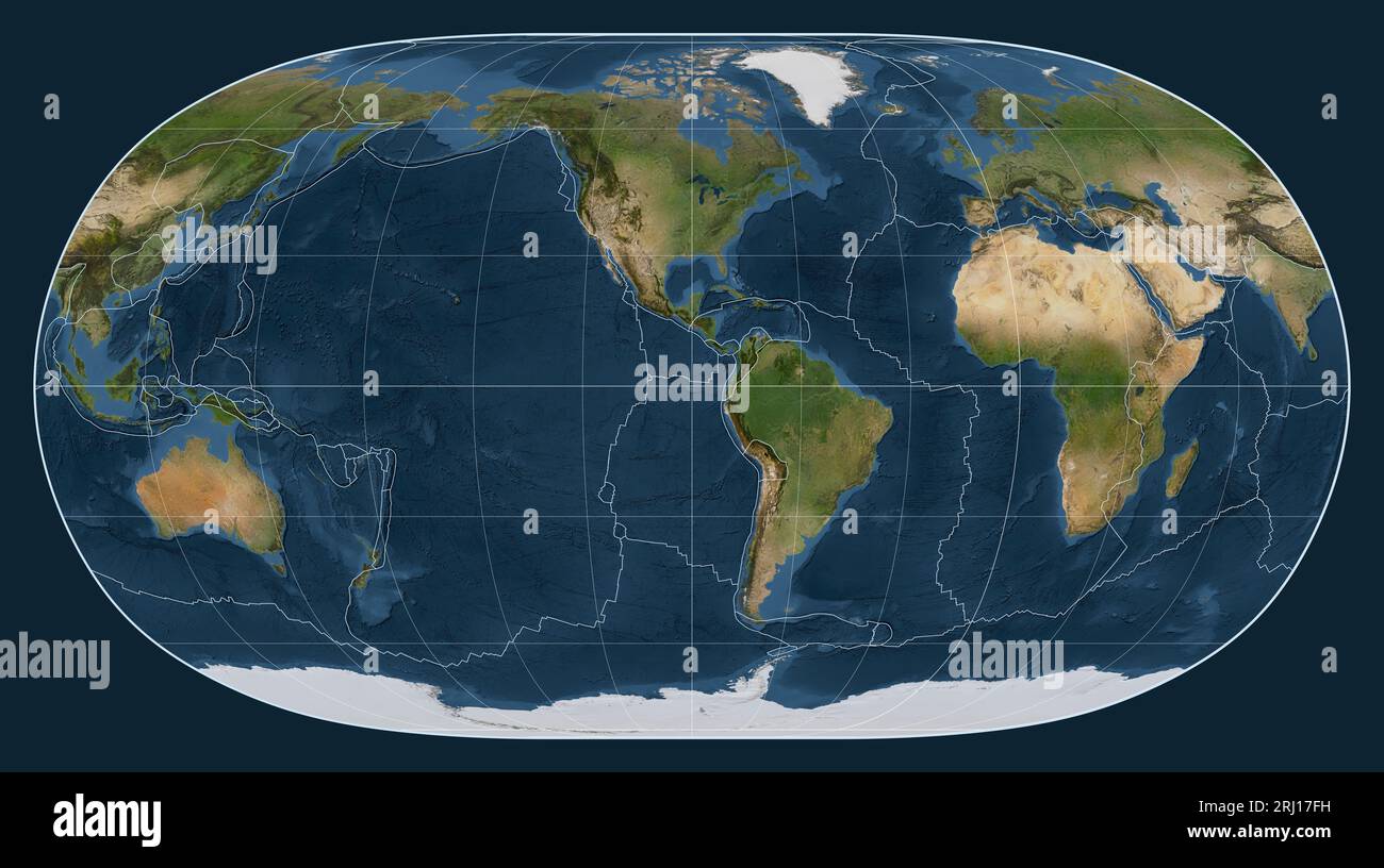 Tectonic plate boundaries on a satellite map of the world in the ...