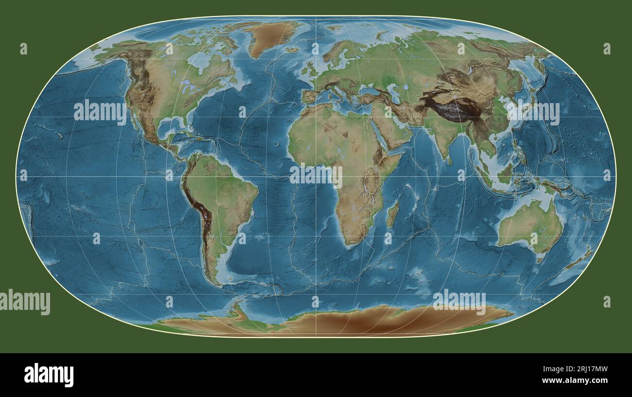 Tectonic plate boundaries on a colored elevation map of the world in ...