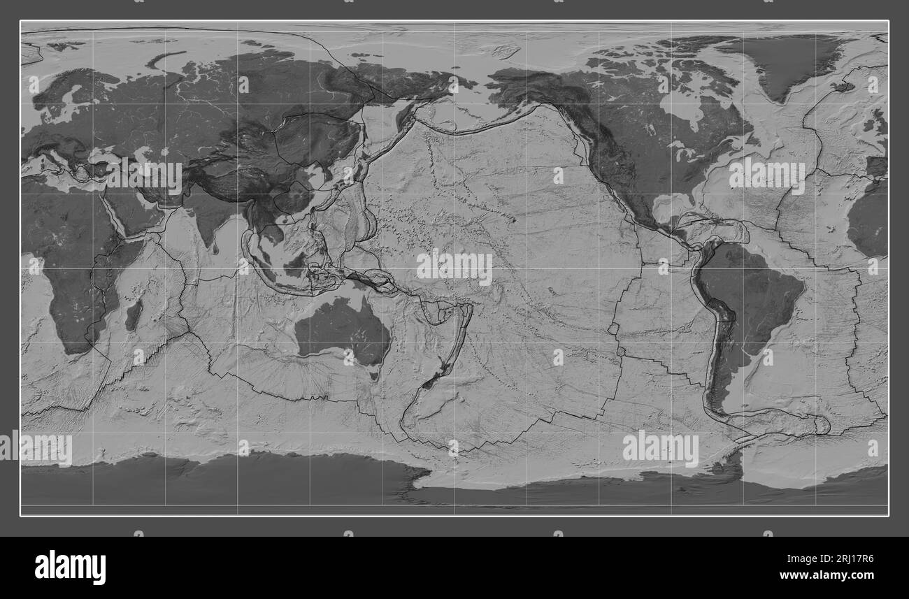Tectonic plate boundaries on a bilevel map of the world in the ...