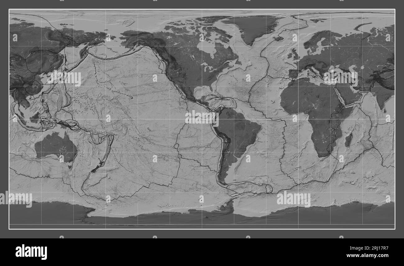 Tectonic plate boundaries on a bilevel map of the world in the ...