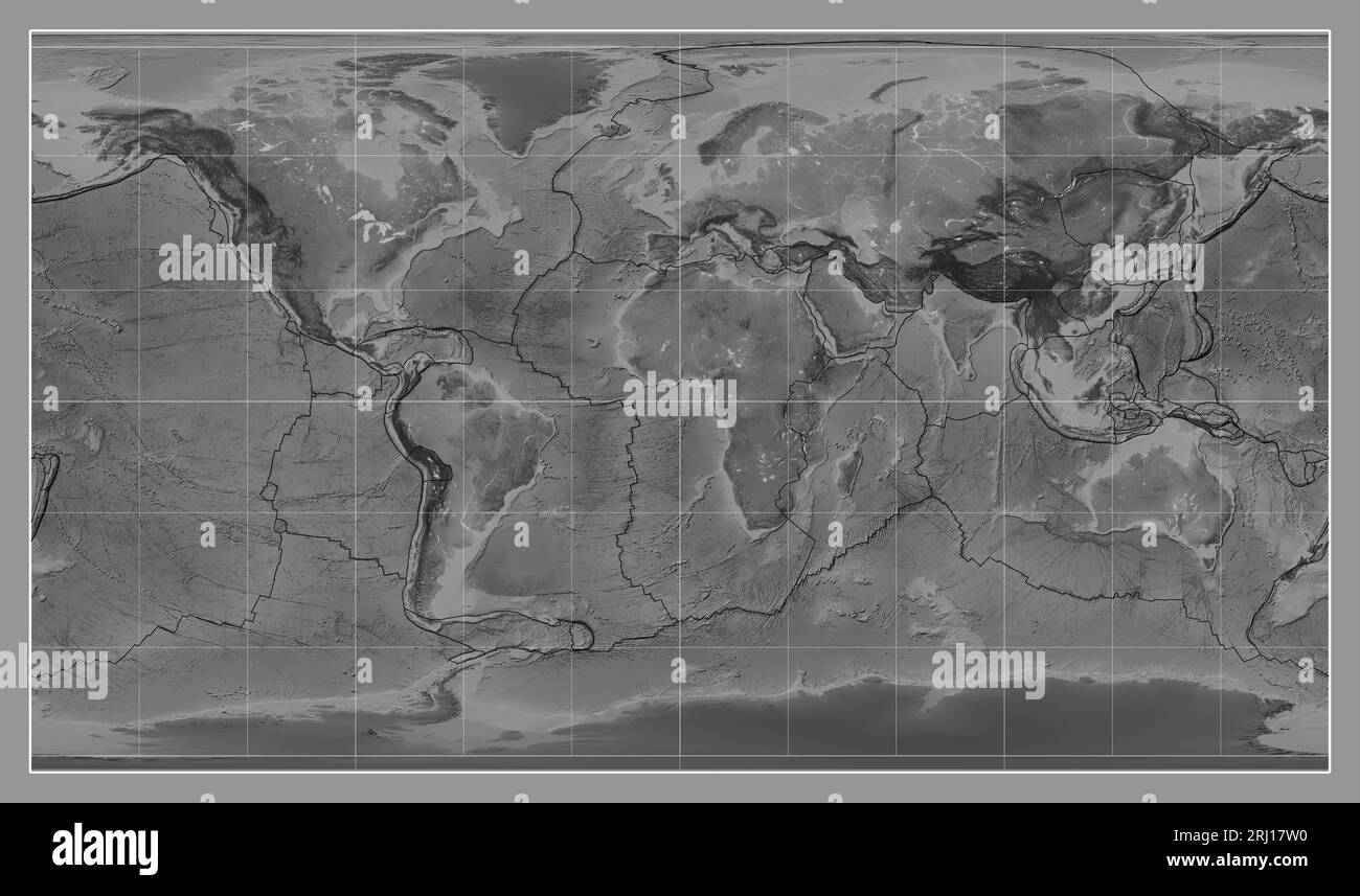 Tectonic plate boundaries on a grayscale map of the world in the ...