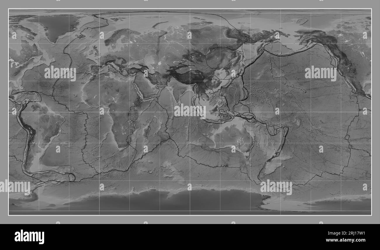 Tectonic plate boundaries on a grayscale map of the world in the ...