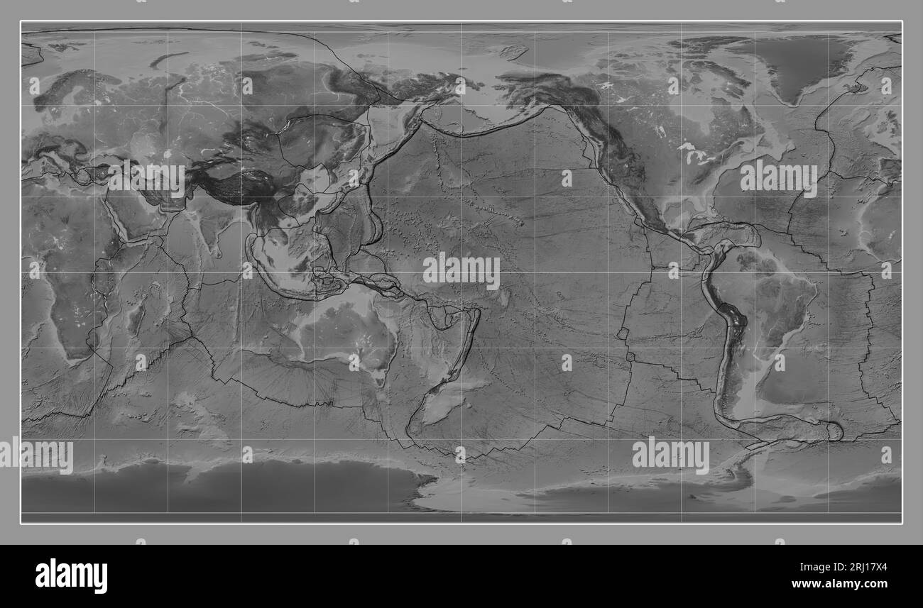 Tectonic plate boundaries on a grayscale map of the world in the ...